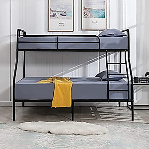 cuoote Twin Over Full Bunk Bed, Metal Twin Over Full Bunk Bed with Ladder and Guardrail, Space-Saving Design for Boys, Girls, No Box Spring Needed (Black, Twin Over Full)