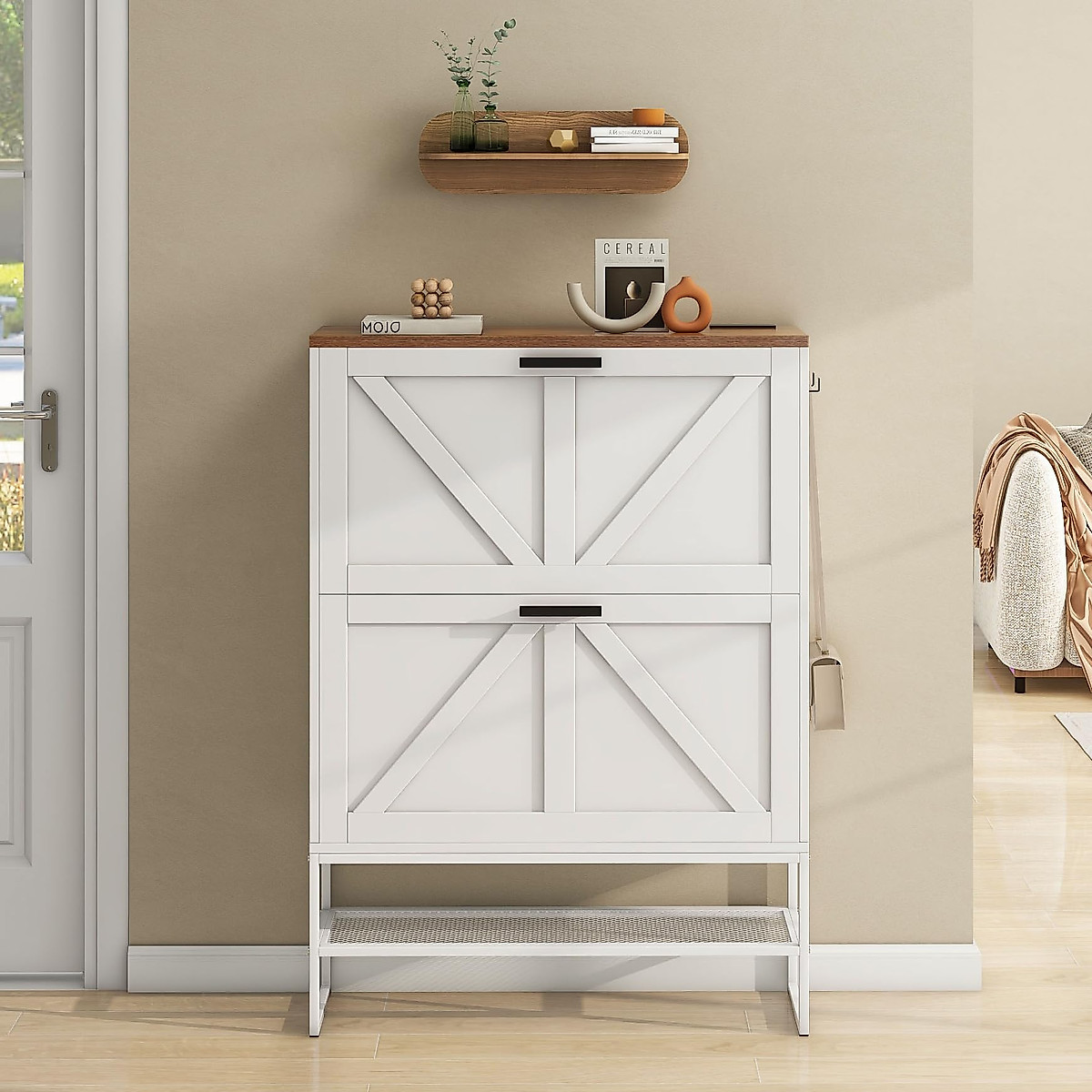 LYNCOHOME Shoe Storage Cabinet with 2 Flip Drawers and Feodorizing Function, Farmhouse Freestanding Shoe Organizer for Entryway/Hallway, Narrow Shoe Rack Cabinet with Steel Legs, White