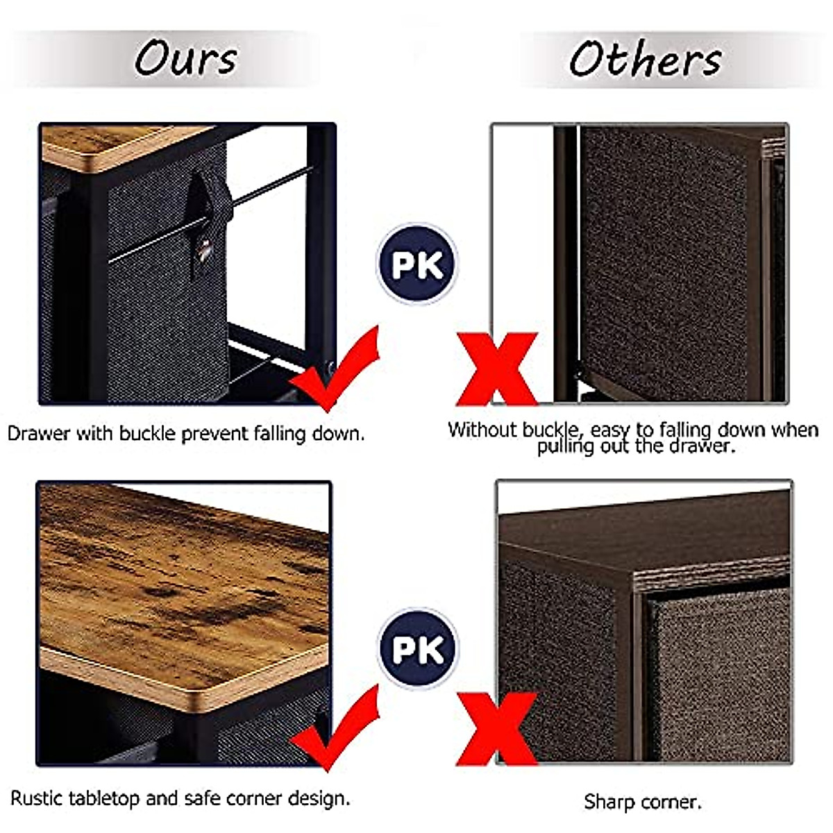 EKNITEY 3 Drawers Nightstand, Small Dresser Chest Sturdy Side End Table with Fabric Drawers and Wheels for Bedroom, Living Room, Office, Closet