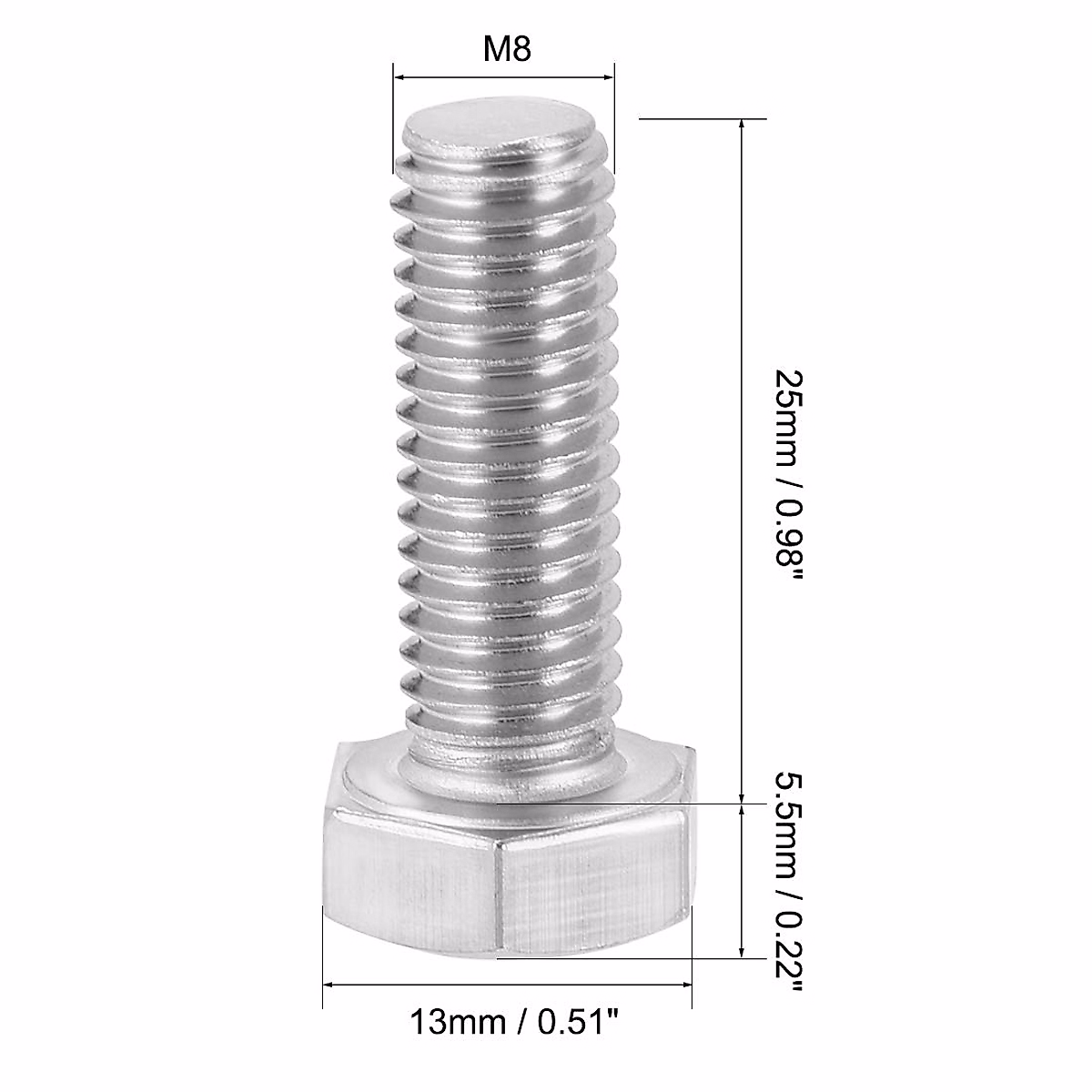 uxcell M8x25mm Hex Bolts 304 Stainless Steel Hexagon Screw Bolt 5pcs