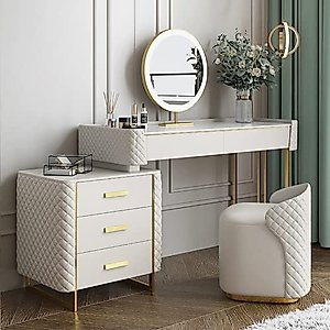 Anwickhomk Dresser Table, Vanity Corner Makeup Table Set Women Makeup,Mirror with LED Lights Desk and Chair,Modern Dressing Table Sintered Stone, with Stool, 5 Pine Wood Drawers,47.24'' White