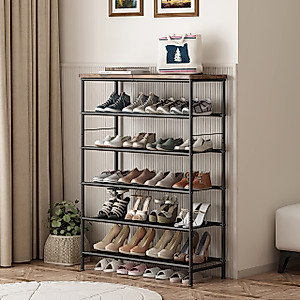INGIORDAR Shoe Rack Organizer 6 Tier Metal Organizer Shelf with Industrial MDF Board and Layer Fabric for Entryway Closet Bedroom Living Room Garage,Black & Rustic Brown