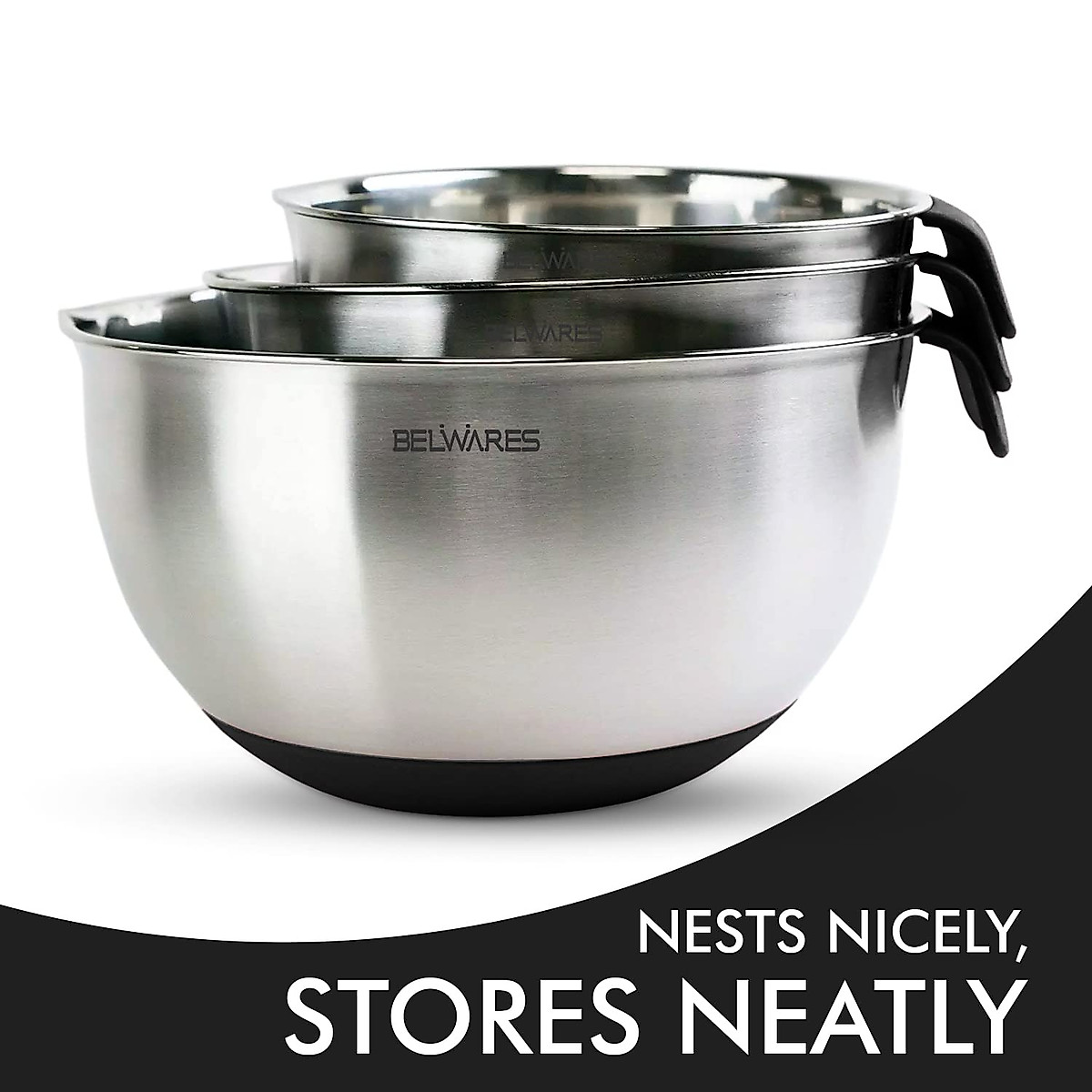 Belwares Mixing Bowls with Lids Set - Nesting Bowls with Graters, Handle, Pour Spout, Airtight Lids - Stainless Steel Non-Slip Mixing Bowl for Cooking, Baking, Prepping, Food Storage (Set of 3)