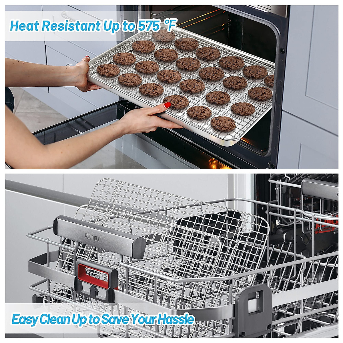 TeamFar Cooling Rack Set of 4, Stainless Steel Grid Cooking Roasting Racks for Various Size Baking Sheet Toaster Oven Pan, Healthy & Heavy Duty, Mirror Finish & Dishwasher Safe