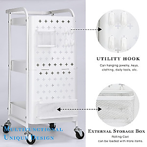 3-Tier Rolling Cart,Metal Utility Cart with Pegboard,Rolling Storage Carts with Wheels for Kitchen Living Room Office by Dailyart