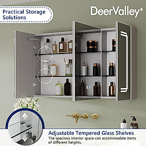 Deer Valley DV-1VM0238 Medicine Cabinets for Bathroom with Mirror, 39.97"x 23.62" Wall Mounted LED Medicine Cabinet Organizer with Defogger, Dimmer, Bluetooth Speaker, Three Doors