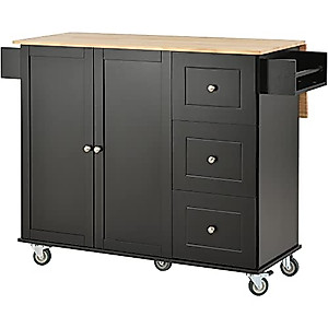 MACHOME Rolling Mobile Kitchen Island Cart with Storage on Locking Wheels, Kitchen Cart w/Solid Wood Top and Breakfast Bar, Kitchen Storage Cabinet w/ 3 Drawers, 52.76" L x 29.50" W x 36.8" H,-Black