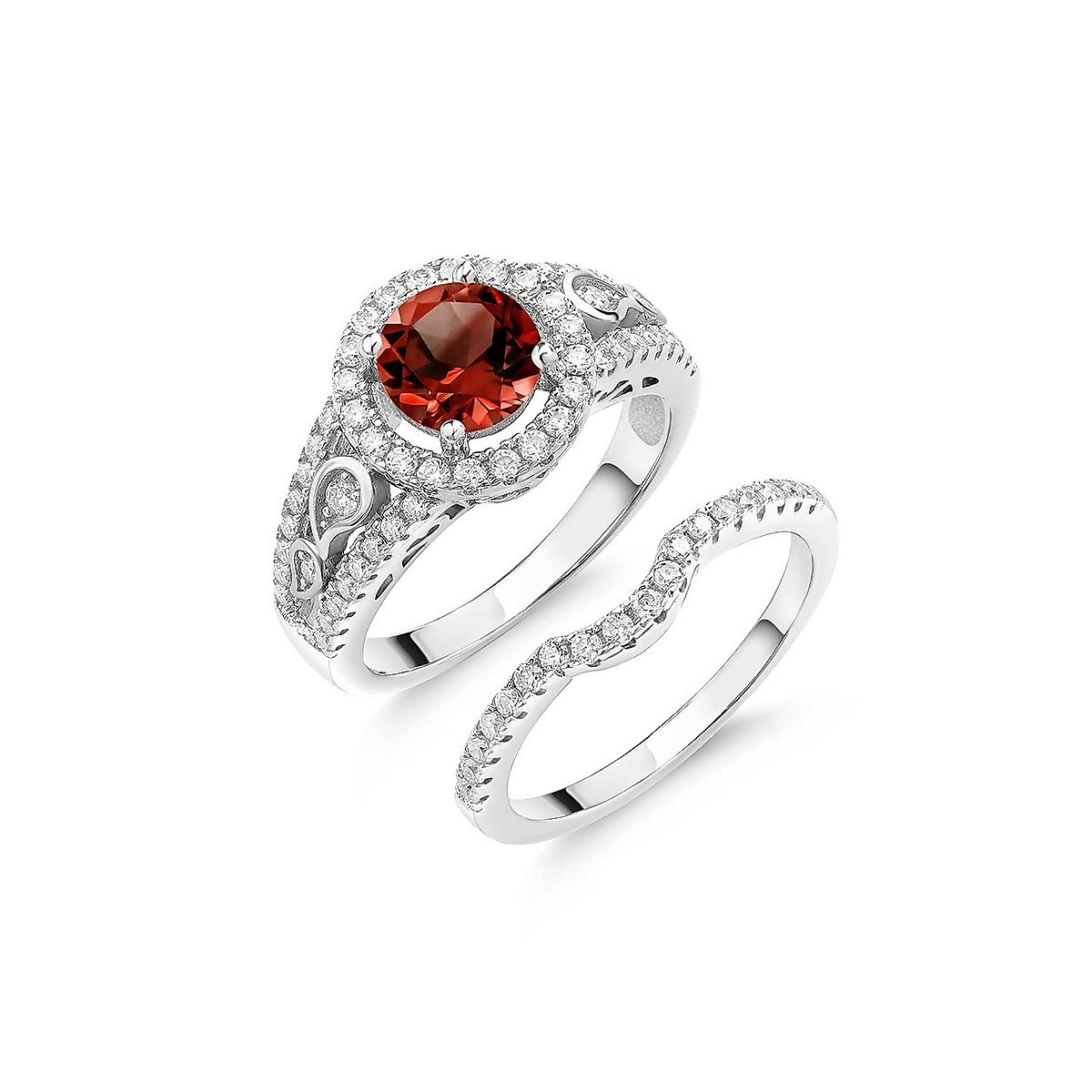 Gem Stone King 925 Sterling Silver Red Garnet and Moissanite Wedding Engagement Ring Band Bridal Set For Women (1.94 Cttw, Gemstone Birthstone, Available In Size 5, 6, 7, 8, 9)