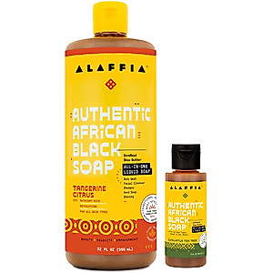 Alaffia Authentic African Black Soap Variety 2-Pack – All-In-One Liquid Soap, Travel-Size Eucalyptus Tea Tree + Full-Size Tangerine Citrus Body Wash, Face Wash, Shampoo, Shaving Soap