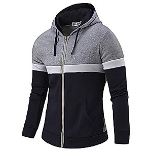 Mens Zipper Hooded Sweatshirts, Thenlian Men‘s Long Sleeve Autumn Winter Patchwork Zipper Pocket Hoodies Top Blouse(Navy, XXL)