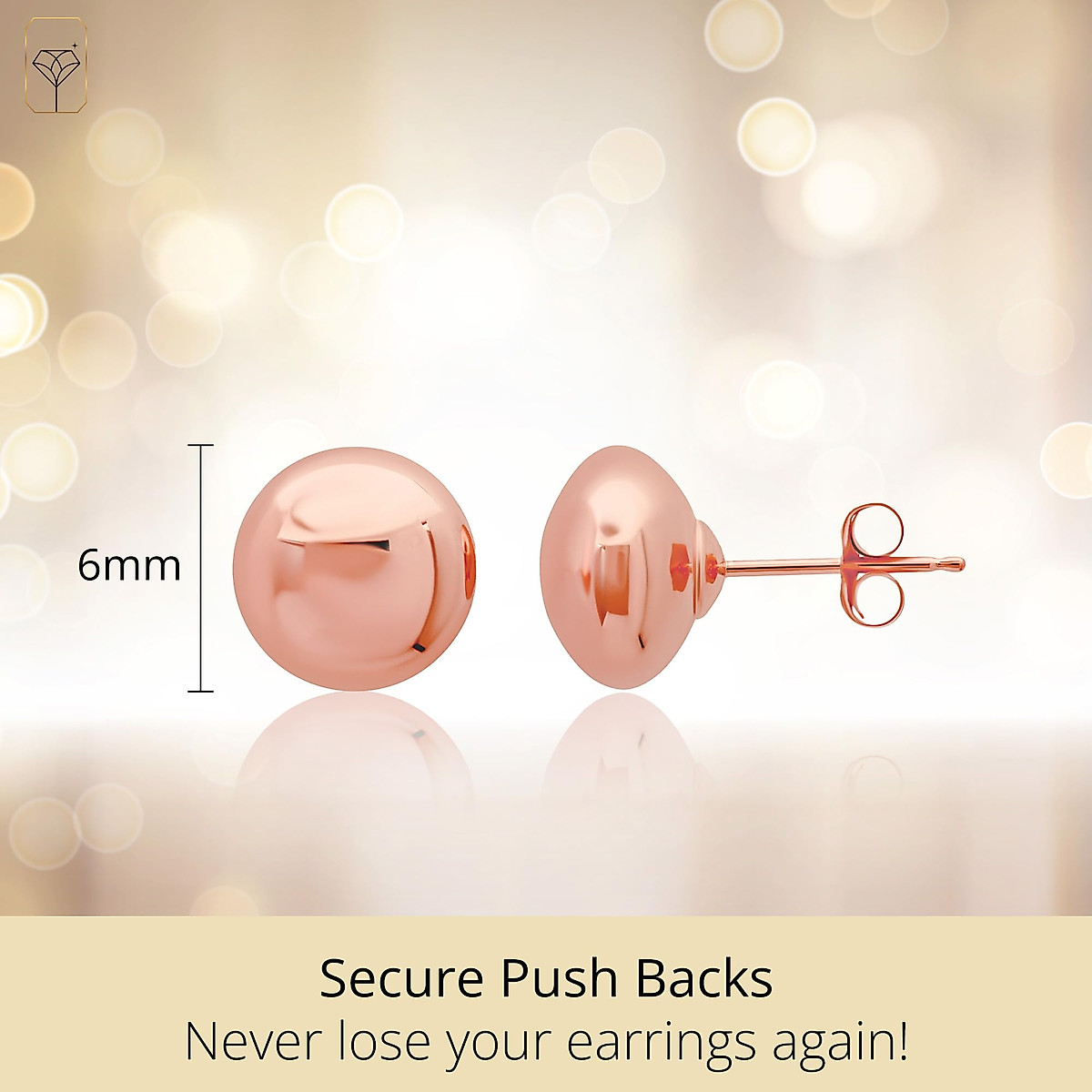 MAX + STONE Rose Large Gold Ball Earrings 14k Real Gold | 6MM Real Gold Post, Half Button Stud for Women Men