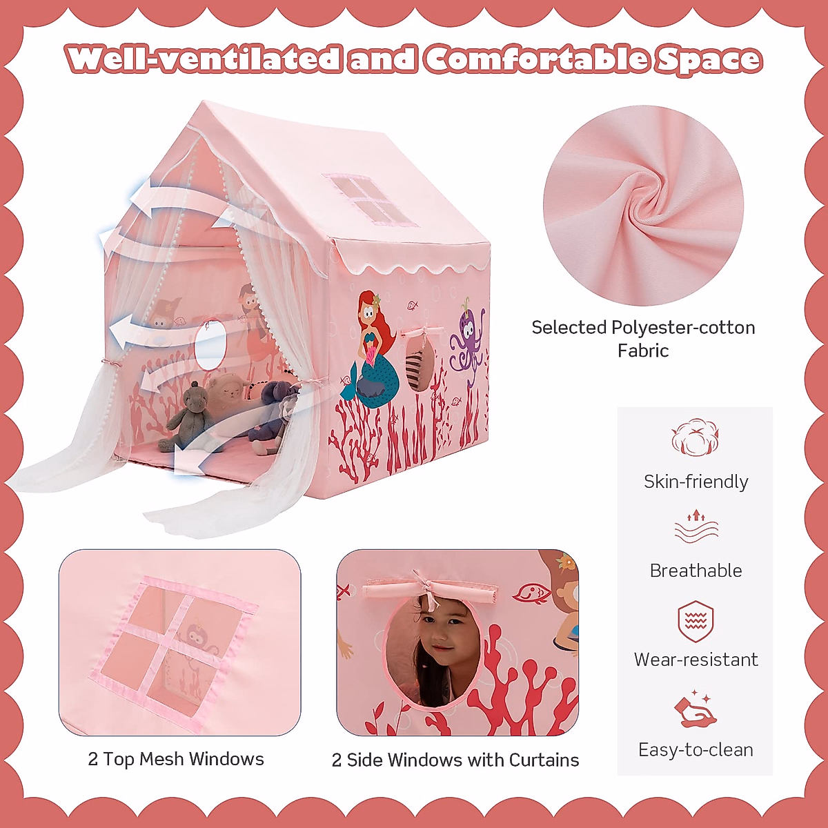 Costzon Kids Tent with Padded Cotton Mat, Large Playhouse for Girls w/Longer Mesh Curtain, Solid Frame, Roll-Up Windows, Indoors and Outdoors Princess Tent Castle Playhouse for Toddlers (Pink)