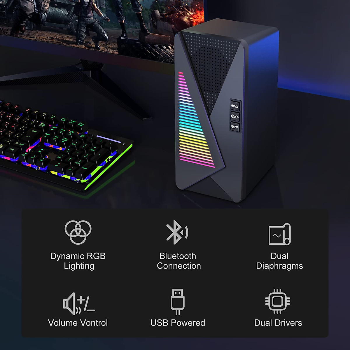 Computer Speakers, Dynamic RGB Desktop Speakers, Support Stereo Bluetooth 5.0 and Wired, Speakers for PC, Laptop/Phone/Ipad and Game Machine, USB Powered with 3.5mm Cable (CO708)