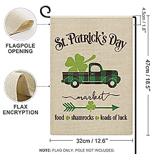 Happy St Patrick's Buffalo Plaid Truck Garden Flag Vertical Double Sided, Lucky Clover Shamrock Arrow Loads of Luck Yard Outdoor Decoration 12.5 x 18 Inch-L35