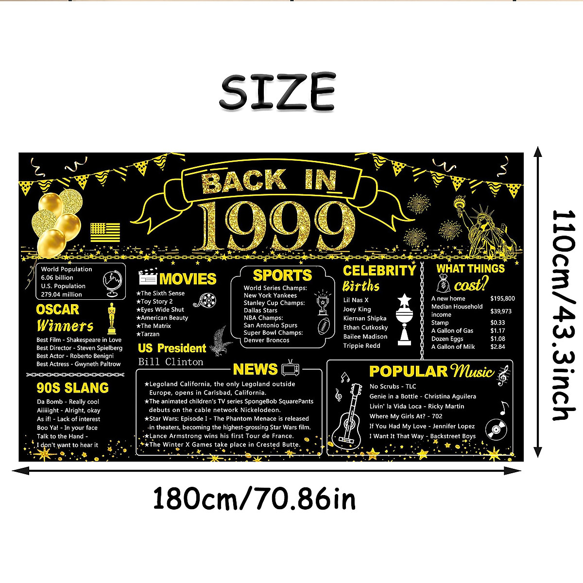 DARUNAXY 25th Birthday Black Gold Party Decoration, Back in 1999 Banner 25 Year Old Birthday Party Poster Supplies Vintage 1999 Backdrop Photography Background for Men & Women 25th Class Reunion Decor