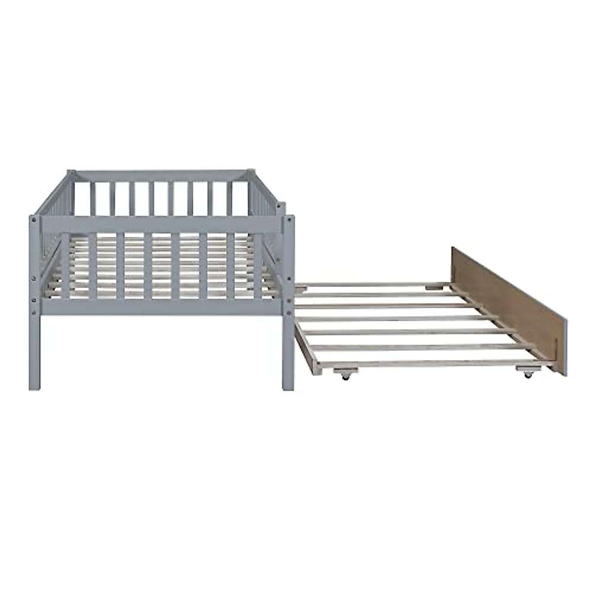 RORIGAT Wooden Daybed, Twin Size Bed Frame with Trundle and Fence Guardrails for Kids Teens Adults, Wood Slat Support, No Box Spring Needed, Easy Assembly,Gray