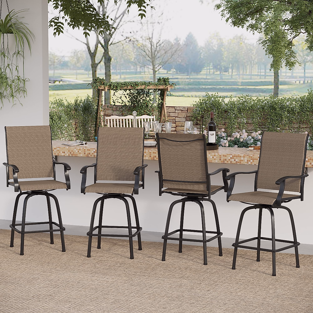 Sophia & William Patio Swivel Bar Stools Set of 4, Bar Height Patio Chair, High Top Patio Chairs, Supports 300 lbs (Brown Fabric)