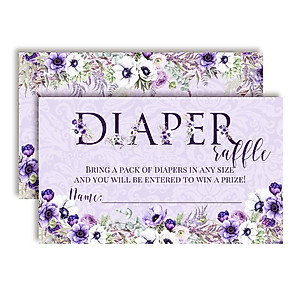 Watercolor Violet Floral Diaper Raffle Tickets for Baby Showers, 20 2" X 3” Double Sided Insert Cards for Games by AmandaCreation, Bring a Pack of Diapers to Win Favors & Prizes!
