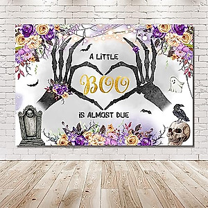 MEHOFOND 7x5ft Halloween Baby Shower Backdrop A Little Boo is Almost Due Purple Orange Floral Grey Watercolor Background Boos Tombstone Skull Crow Photo Booth Props