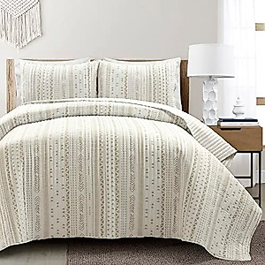 Lush Decor Hygge Stripe Oversized Reversible 3 Piece Quilt Set, Full/Queen, Neutral & White