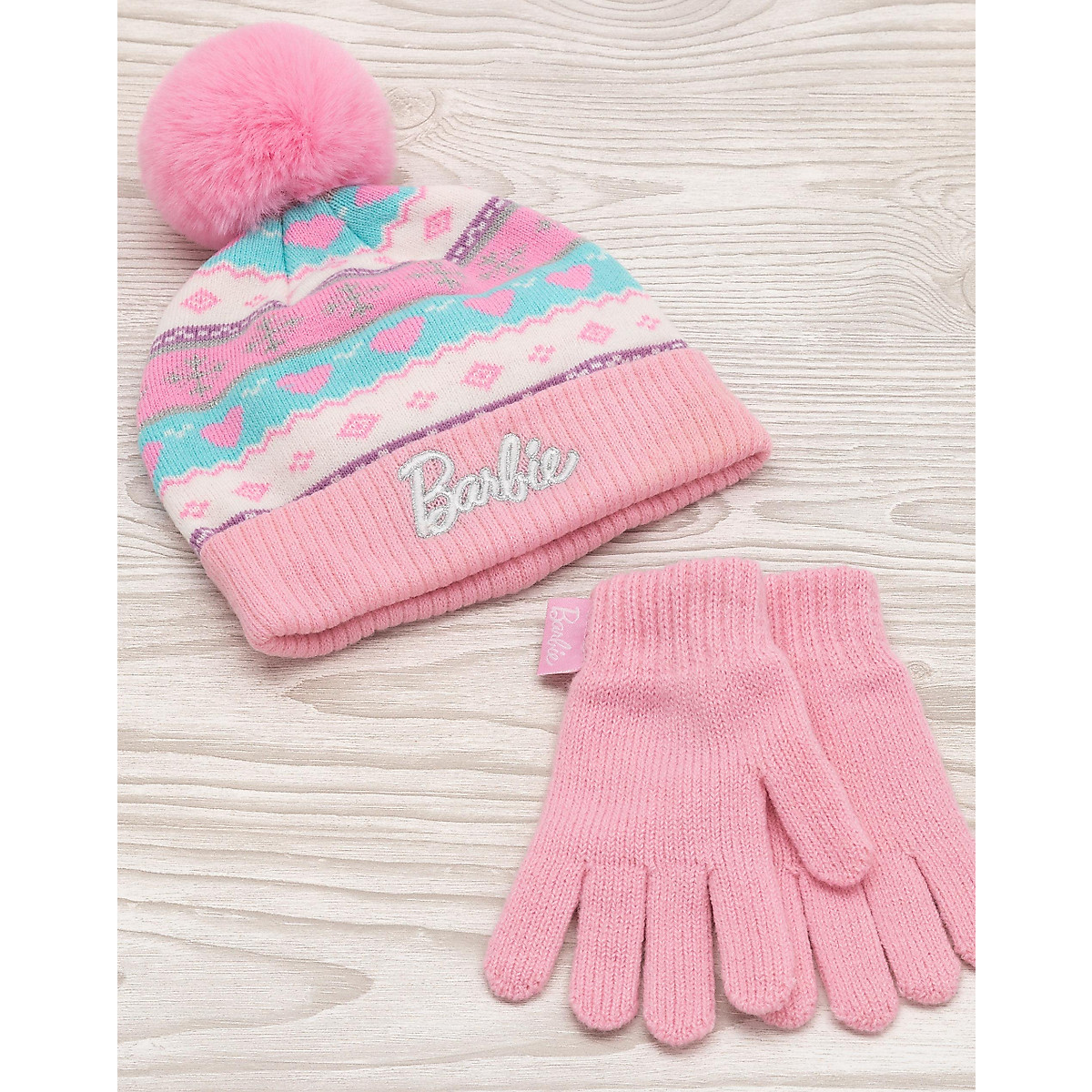 Barbie Hat and Gloves Kids Girls Pink Logo Knitted Pom Winter Beanie