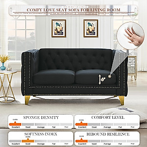 58-Inch Velvet Loveseat Sofa, Comfy Couch for Living Room, Modern Sofa with Tufted Back and Rivet Decoration, Upholstered Small Love Seat with Solid Golden Metal Tapered Legs, Black