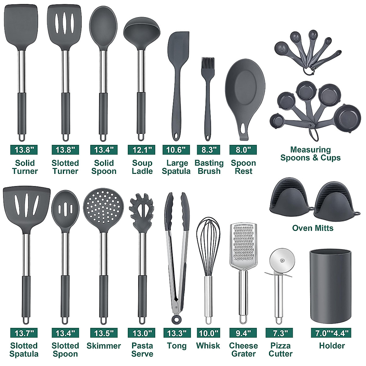 Homikit 38 Pieces Kitchen Cooking Utensils Set with Holder, Gray Silicone Utensil with Stainless Steel Handle, Nonstick Kitchen Tools with Spatula Ladle Pizza Cutter Grater Spoon Rest, Heat Resistant