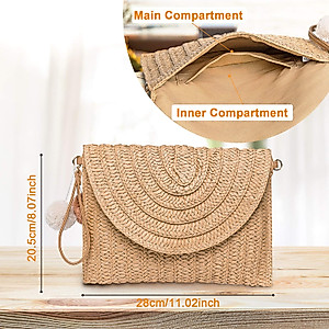 Kadell Straw Shoulder Bag, Women Straw Envelope Clutch Purse, Chic Handmade Straw Crossbody Bag, for Summer Beach (Brown-with pompoms)