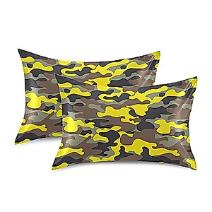 Yellow Camo Pillow Covers Silk Pillowcase for Hair and Skin Soft and Smooth Cooling Satin Pillowcase Standard Size Pillow Case for Bedroom Bed Sleeping (20x26 Inch)
