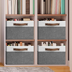 LOVSTORAGE Storage Boxes, 3 Pack Fabric Collapsible Storage Organizer Container with Leather Handle, 13 x 9 x 8 inch Rectangular Storage Bins Baskets for Shelves Home Nursery, White/Grey