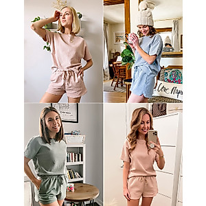 MEROKEETY Women's Short Sleeve Waffle Pajama Sets Lounge Top and Shorts 2 Piece Tracksuit Outfits, ShortBeige, S