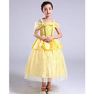 Little Girls Yellow Roses Princess Costume Dress Off Shoulder Layered Dress up (4-5 Years)