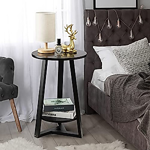 TINSAWOOD Black Side Table, Two-Tier Round End Table, Modern Small Side Table Living Room, Bedroom & Balcony, Black End Table with Storage Shelf with Solid Wooden Legs