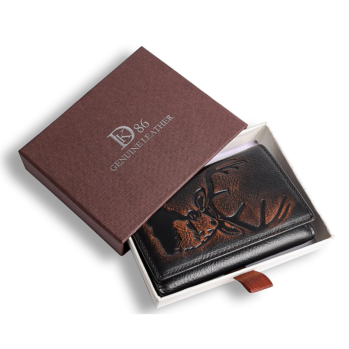 DK86 Deer Trifold Wallets for Men Full Grain Leather with Hand Burnished Tri-Fold Wallet RFID Blocking (Black and Brown)