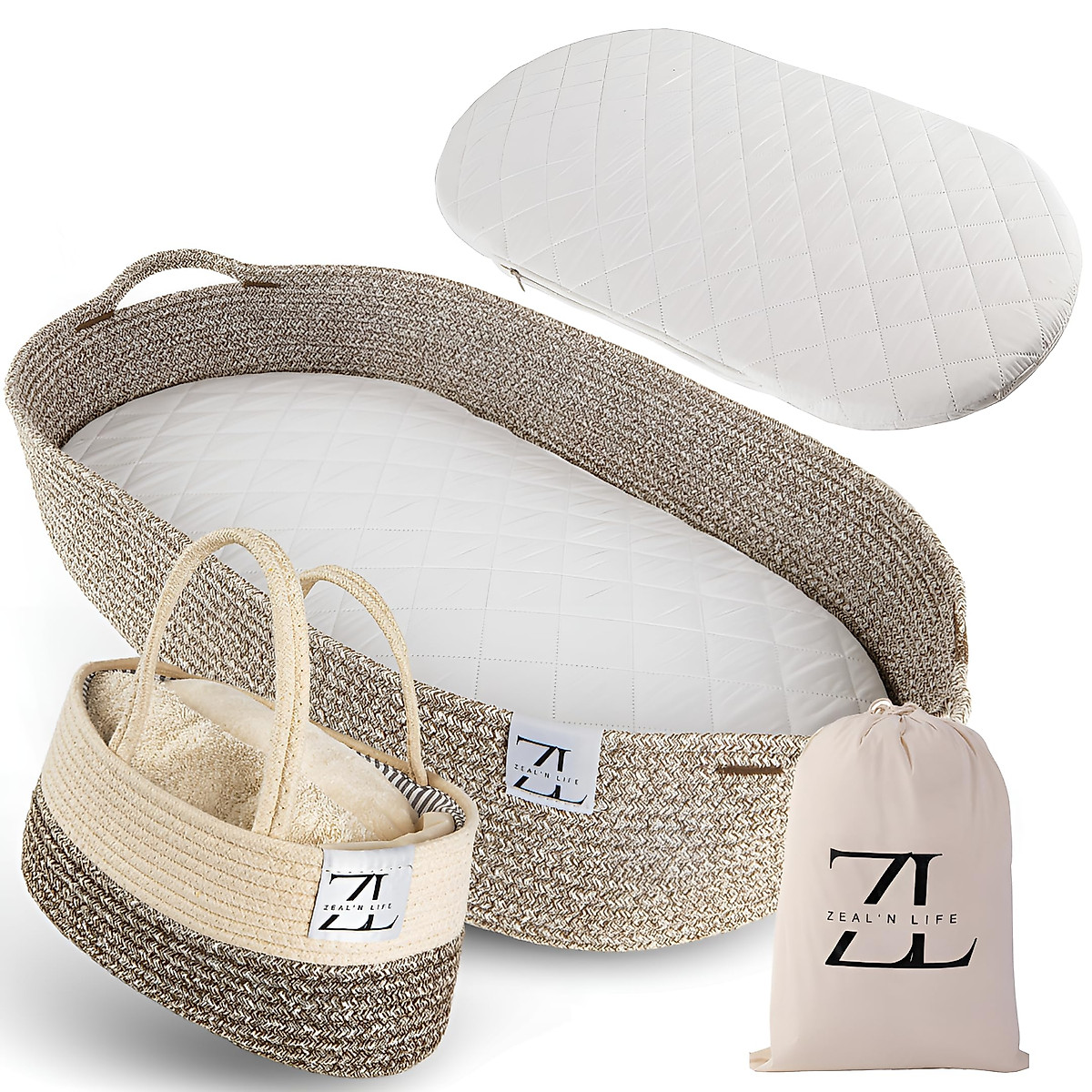ZEAL'N LIFE Baby Changing Basket with Diapers Basket, Blanket & Changing Pad for Dresser, Potable Changing Pad, Baby Changing Pad, Changing Pad for Dresser, Moses Basket for Newborns (Brown)