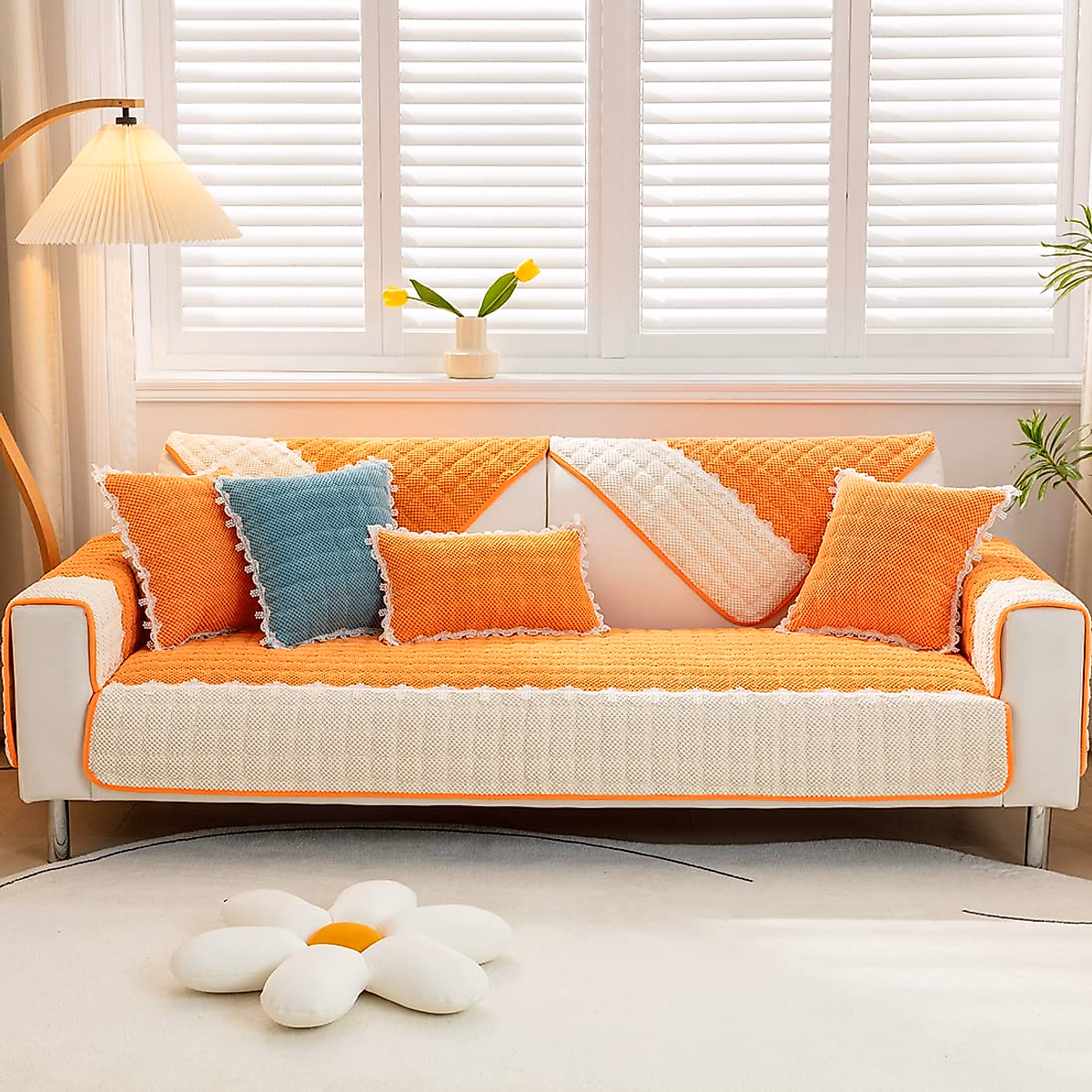 vctops Soft Corduroy Sofa Couch Cover, Plaid Sectional Couch Covers, Non-Slip Sofa Slipcover for Dogs Cats Kids(Orange,43"x43")