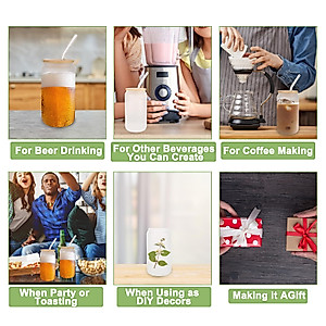 CYEAH 16 Oz Frosted Glass Cups With Bamboo Lids and Straws, 4 Pcs Sublimation Tumblers, 2 Brushes, Reusable Mason Drinking Glasses for Iced Coffee, Juice, Boba, Milk