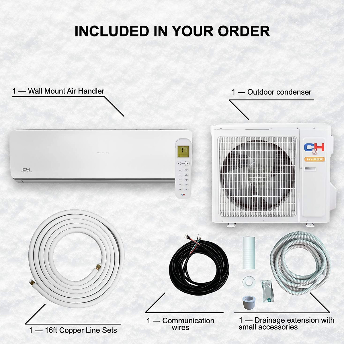 Cooper & Hunter Hyper Heat 9,000 BTU, 25 SEER Ductless Mini-Split Air Conditioners -22F Heat Pump with 16FT Copper Line Set and Communication Wires