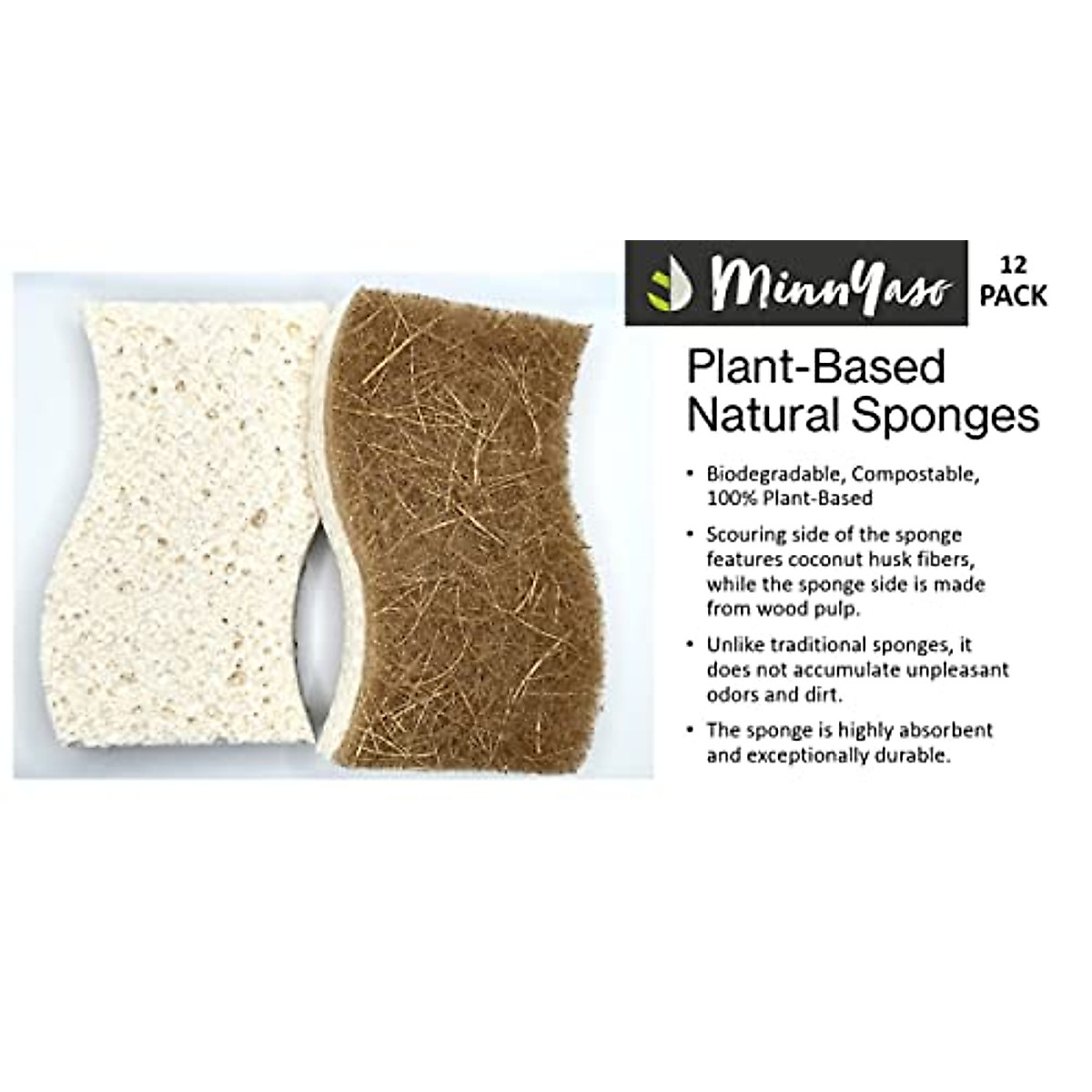 MinnYaso 12 Pack S-Shape Natural Sponges, Hemp Sisal Plant Based Scrubber Scouring Sponge, Eco-Friendly Odor Free Biodegradable Compostable Wood Pulp Sustainable Scrub Pads for Kitchen Dishes Bathroom