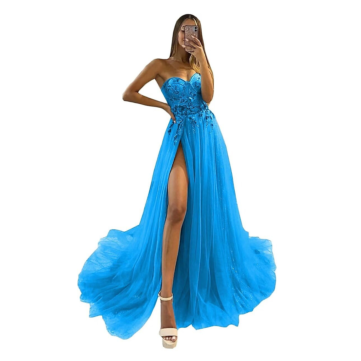 CWOAPO 3D Appliques Teen Girl Prom Dresses Plus Size Birthday Dress for Women Dexy Glitter Tulle Ball Gown with Slit Blue Dress for Wedding Guest US24W