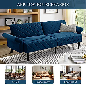 ONEMMLION 78" Futon Sofa Bed, Small Sofa, Loveseat, Convertible Futon Couch Adjustable Armrests and Backrests, Velvet Modern Tufted Sleeper Bed for Living Room, Bedroom, Blue