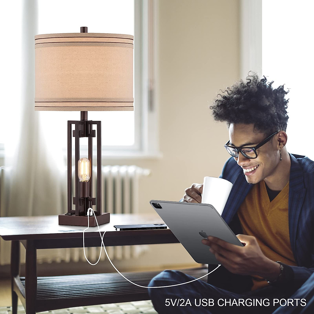 KIVDITZO Rustic Farmhouse Table Lamps with Night Light Set of 2 Dark Bronze Finish Round Shade 5V/2A USB Charging Ports Nightstand Lamp for Living Room Bedroom Home Office Study.