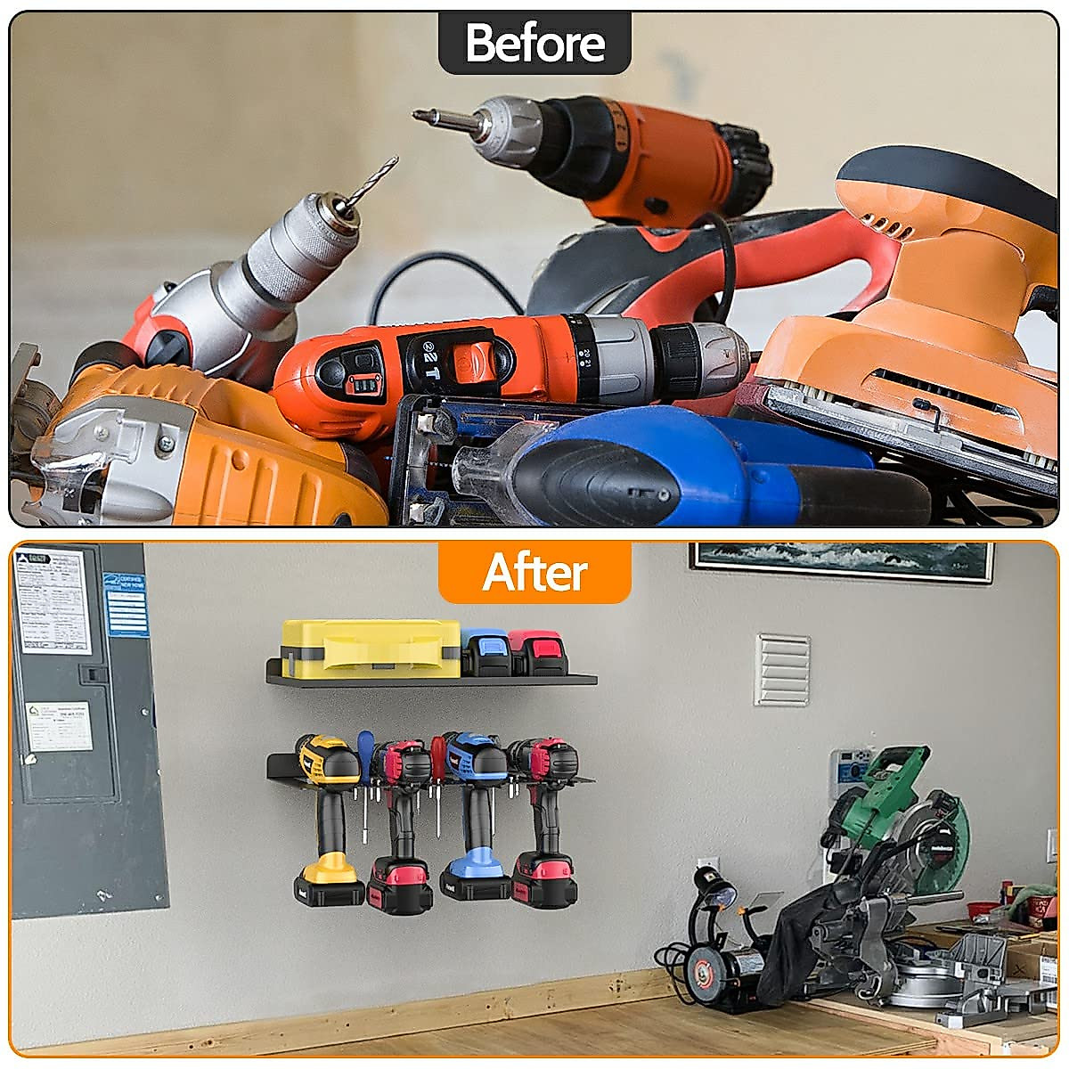 TZDTMEOS Electric Drill Storage Rack with Storage Shelf, Power Tool Organizer, Holds 4 Drills & Batteries, Hanging Wall Mounted Organizer for Garage, Home, Workshop, Shed (Rack+Shelf)