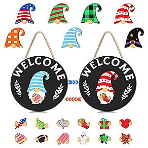 Fortuning's JDS Interchangeable Welcome Sign, 19 Magnet Gnome Decorations with Detachable Hats for Front Door, 12 Inches Wooden Front Door Decor as Easter Spring Gifts