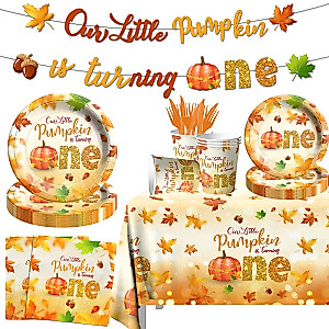 Dydamud Our Little Pumpkin is Turning One Decorations,143Pcs Little Pumpkin 1st Birthday Tableware Maple Leaf Fall Baby Shower Plates and Napkins for Thanksgiving Pumpkin First birthday Supplies