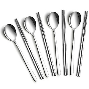 Tiokin Spoon and Chopsticks Set, 4 Pair Stainless Steel Metal Chopsticks Spoon Set,4 Set Korean Chopsticks and Spoons, Reusable Flat Long handle Chopstick Spoon Set for Home, Kitchen or Restaurant