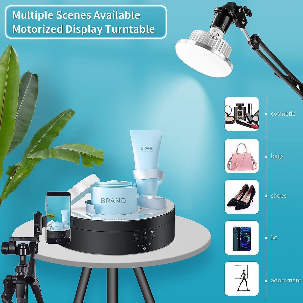 5.4" 360 Degree Motorized Rotating Display Stand Turn Table, 3 Gears Speed Electric Display Turntable with USB Cable for Photography Products Shows, Watch, 3D Models (Black, with PVC Mirror Sticker)