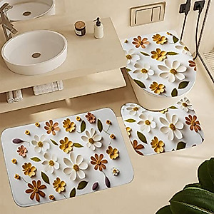 YSINOBEAR Spring Color Floral Shower Curtain Sets with Non-Slip Rug,Toilet Lid Cover and Bath Mat,Yellow and White Flowers Shower Curtain Sets with 12 Hooks,Durable Waterproof Shower Curtain.