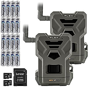 SPYPOINT Flex Dual-Sim Cellular Trail Camera 33MP Photos 1080p Videos with Sound and On-Demand Photo/Video Requests - GPS Enabled Premium Bundle with Lexar 32GB Micro SD Card (2 PK)