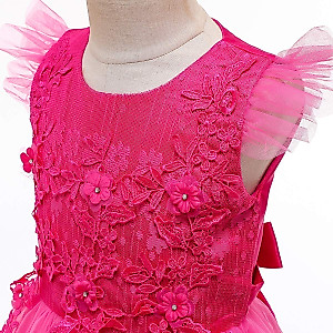 Girls Lace Pageant Party Dress Wedding Flower Girl Maxi Gowns Flower A Line Birthday Dance Evening Tulle Floor Length Skirt Hot Pink 6-7 Years